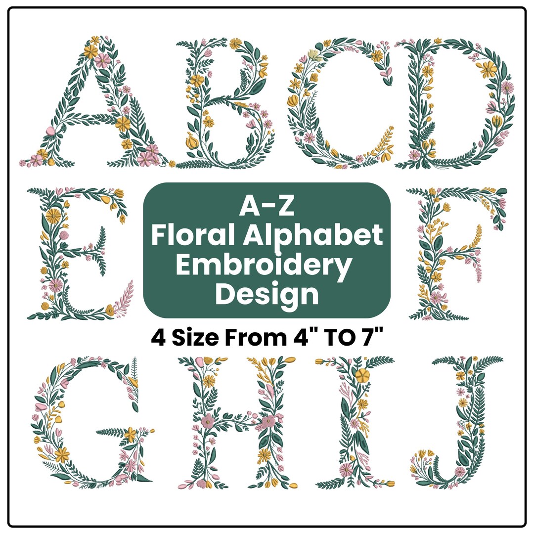 Floral Alphabet Embroidery Font - Flower Letters Botanical Embroidery ...