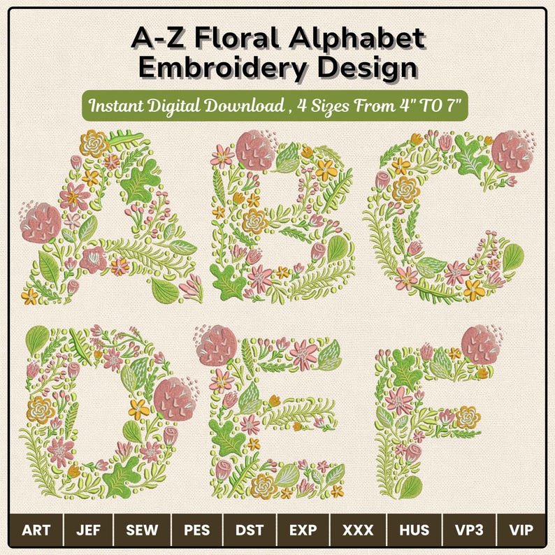 Floral Alphabet Embroidery Design - A-Z Flower Letters Embroidery Font ...