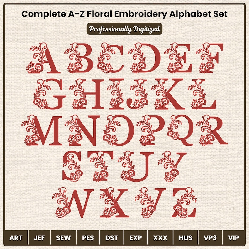 Floral Alphabet Embroidery Design A-Z - Red Botanical Flower Letters ...