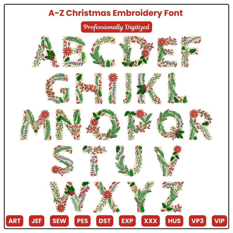 Christmas Embroidery Font A-Z Alphabet, Floral Alphabet Embroidery Font ...