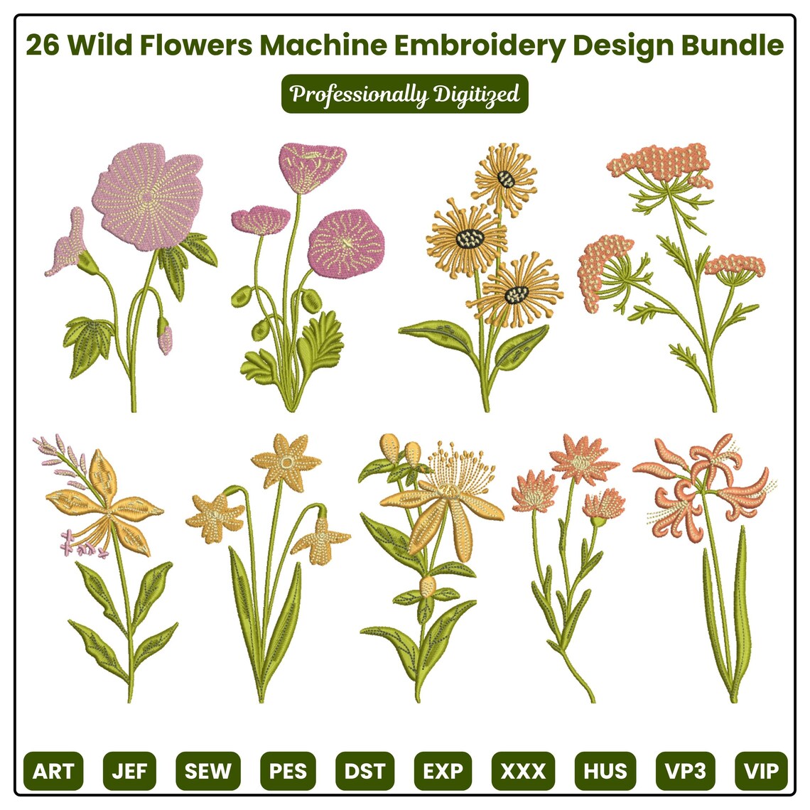Wild Flowers Embroidery Design Bundle | Wildflower Embroidery Pattern ...