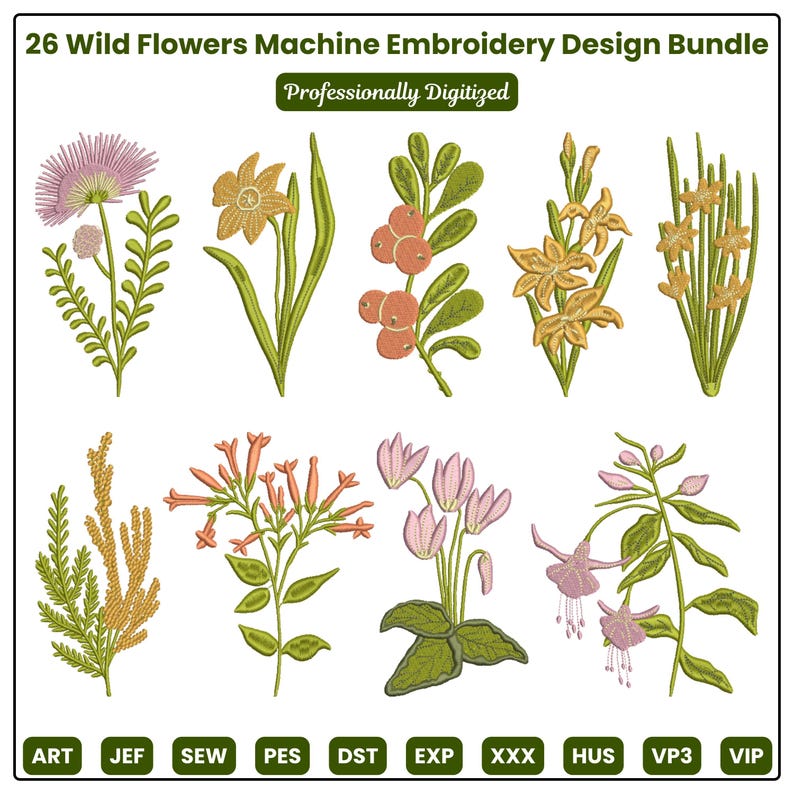 Wild Flowers Embroidery Design Bundle | Wildflower Embroidery Pattern ...