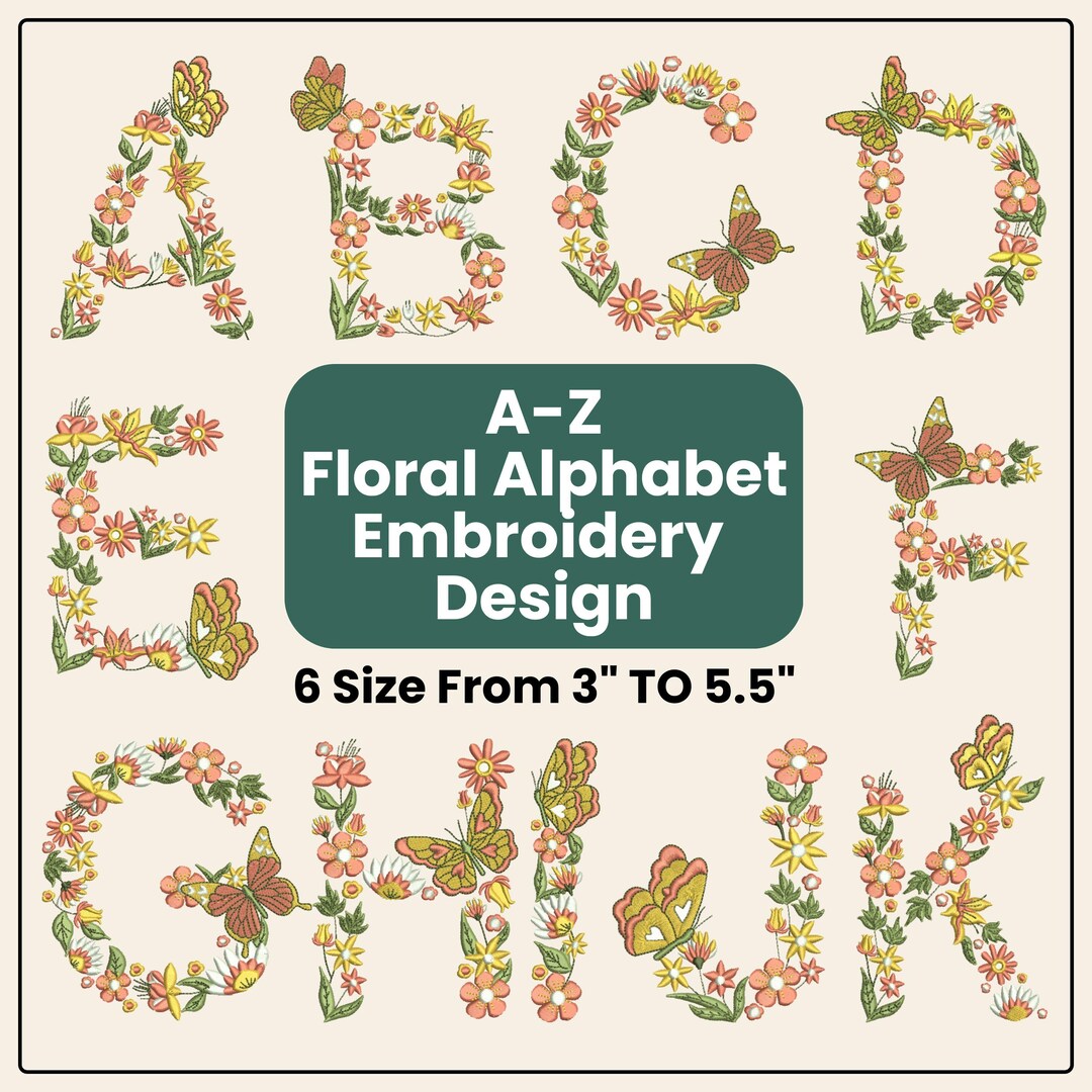 Floral Alphabet Embroidery Font - Flower Letters Botanical Embroidery ...