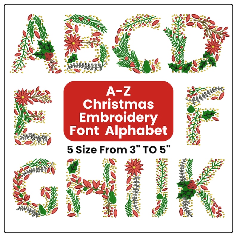 Christmas Embroidery Font A-Z Alphabet, Floral Alphabet Embroidery Font ...