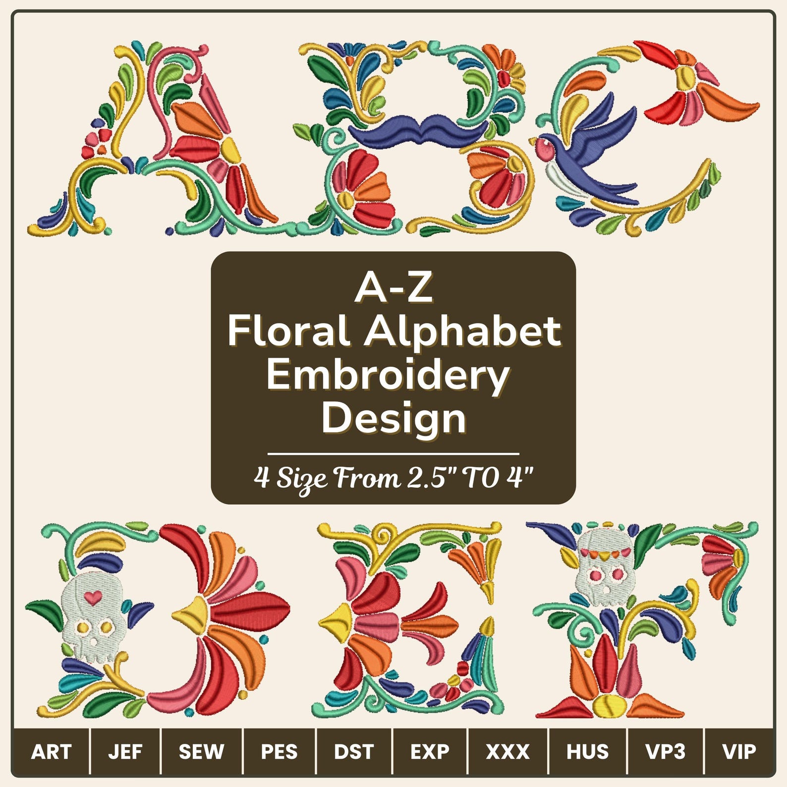 Mexican Floral Alphabet Embroidery Font - Colorful Flower Letters Folk ...