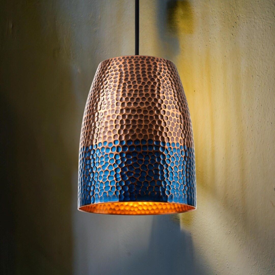 Hammered Copper Drum Pendant Light: Blue Patina Honeycomb Lamp - Etsy