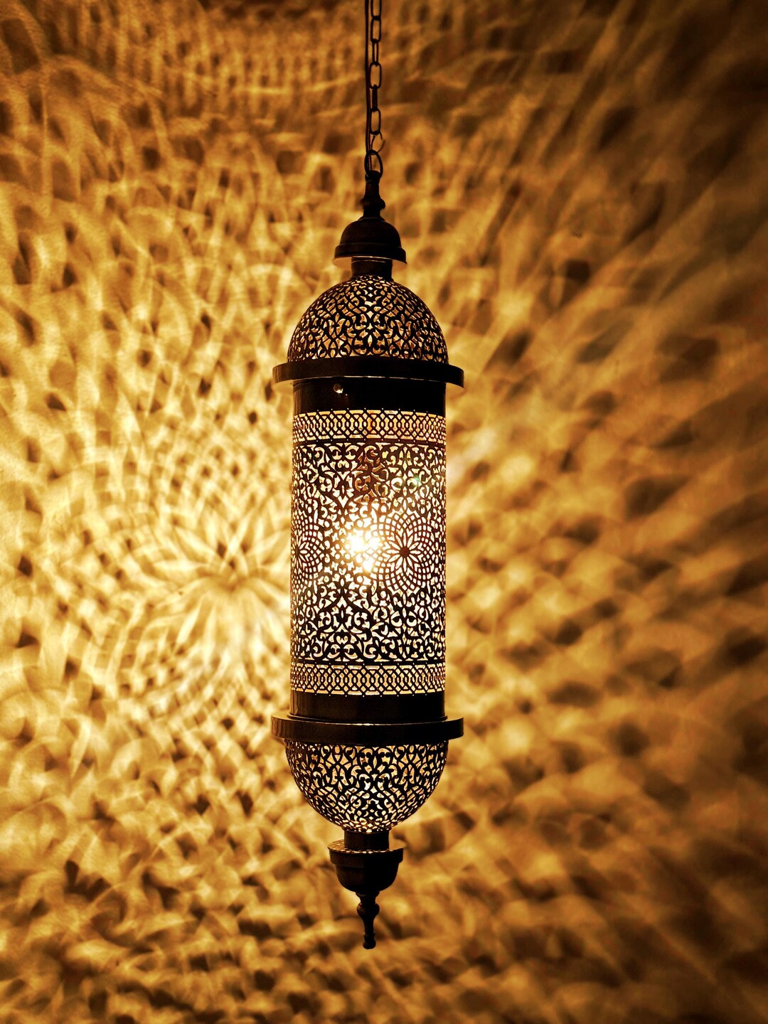 Moroccan Brass Pendant Light, Tall Hanging Lantern Fixture With ...