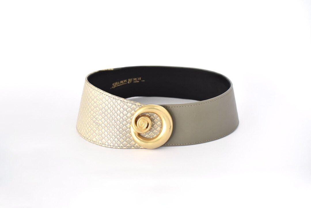 Vintage Sharon Burch Wide Taupe Leather Contour Belt Gold Spiral Buckle ...