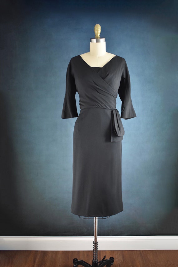 1950s-60s Vintage Black Cocktail Dinner Dress cross w… - Gem
