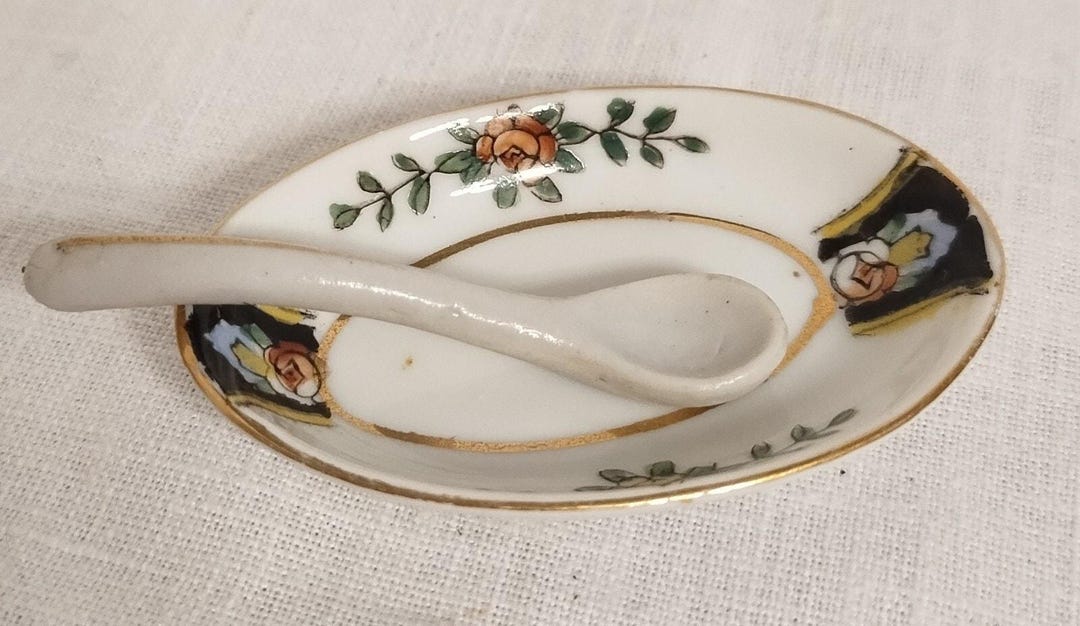 Vintage Noritake Personal Salt Cellar W/spoon Oval Made in Japan Gold ...