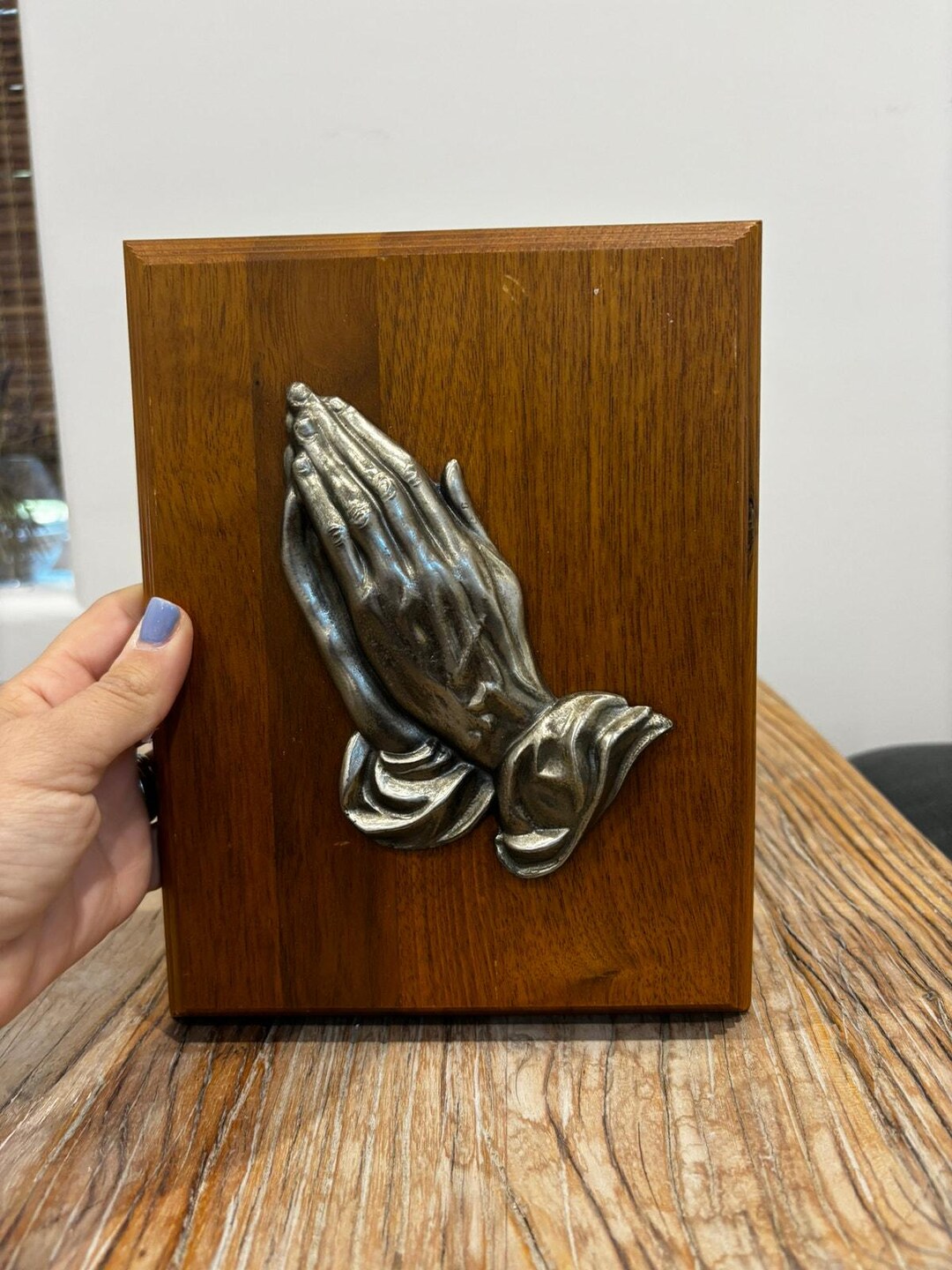 Vintage Praying Hands Plaque Wood & Metal Wall Art Religious Mid ...