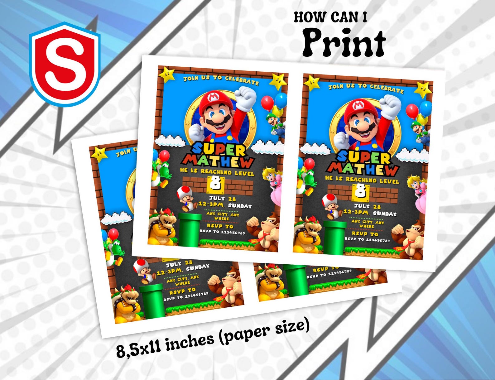 Editable Super Mario Birthday Invitation Template (digital Download ...