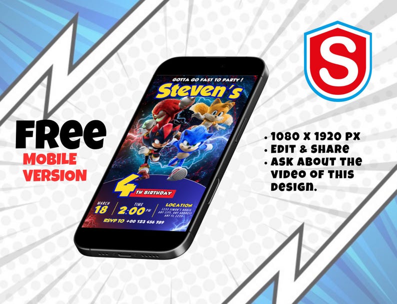 Sonic 3 Birthday Invitation, Super Hedgehog Boys Party Invite, Super ...