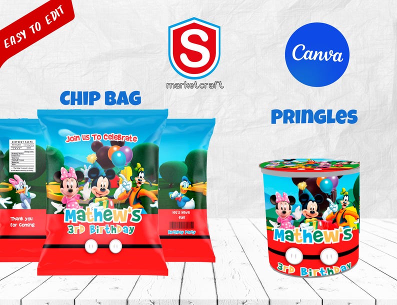 Mickey Mouse Clubhouse Party Kit: Chip Bag, Juice, Water Labels (canva ...