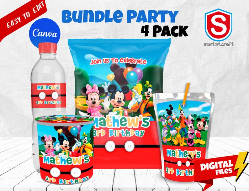Mickey Mouse Clubhouse Party Kit: Chip Bag, Juice, Water Labels (canva ...