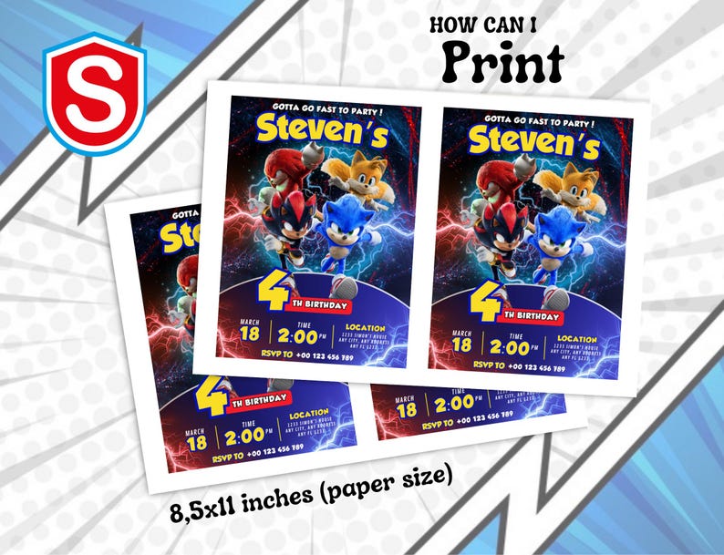 Sonic 3 Birthday Invitation, Super Hedgehog Boys Party Invite, Super ...