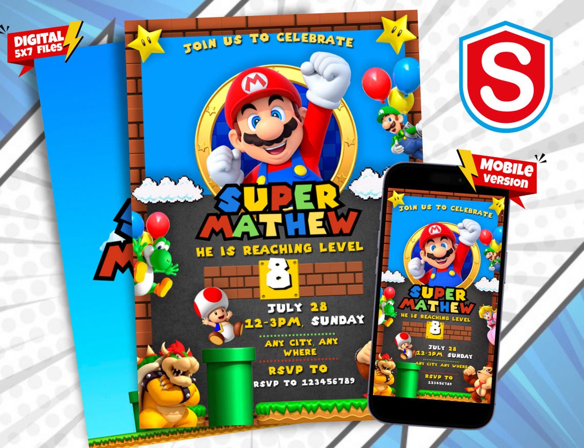 Editable Super Mario Birthday Invitation Template (digital Download ...
