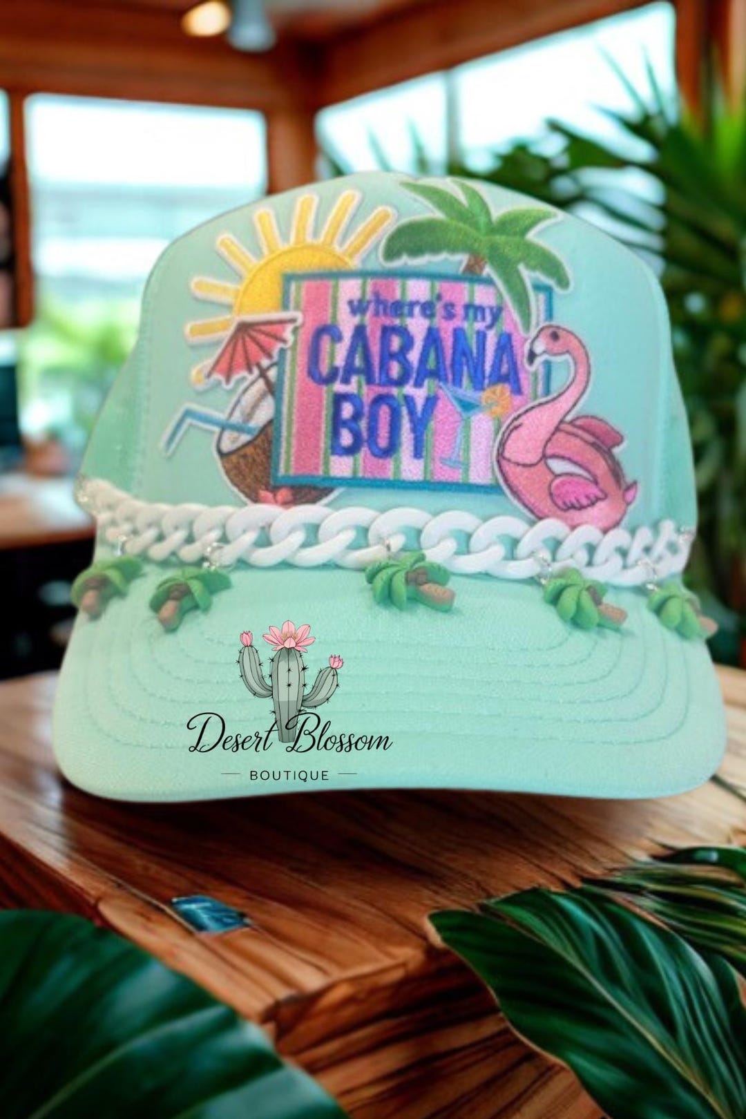 Seafoam Trucker Hat With Palm Tree Chain: Fun Summer Beach Vacation - Etsy