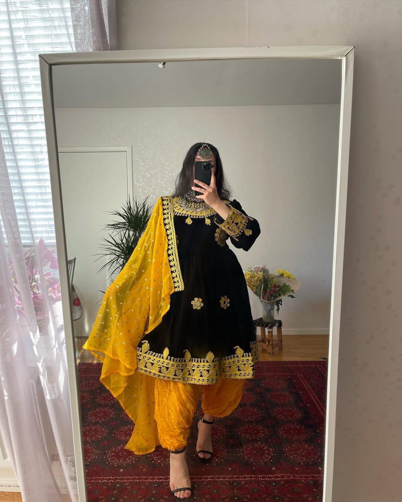Afghani Black & Mustard Traditional Dress | Handmade Embroidered ...