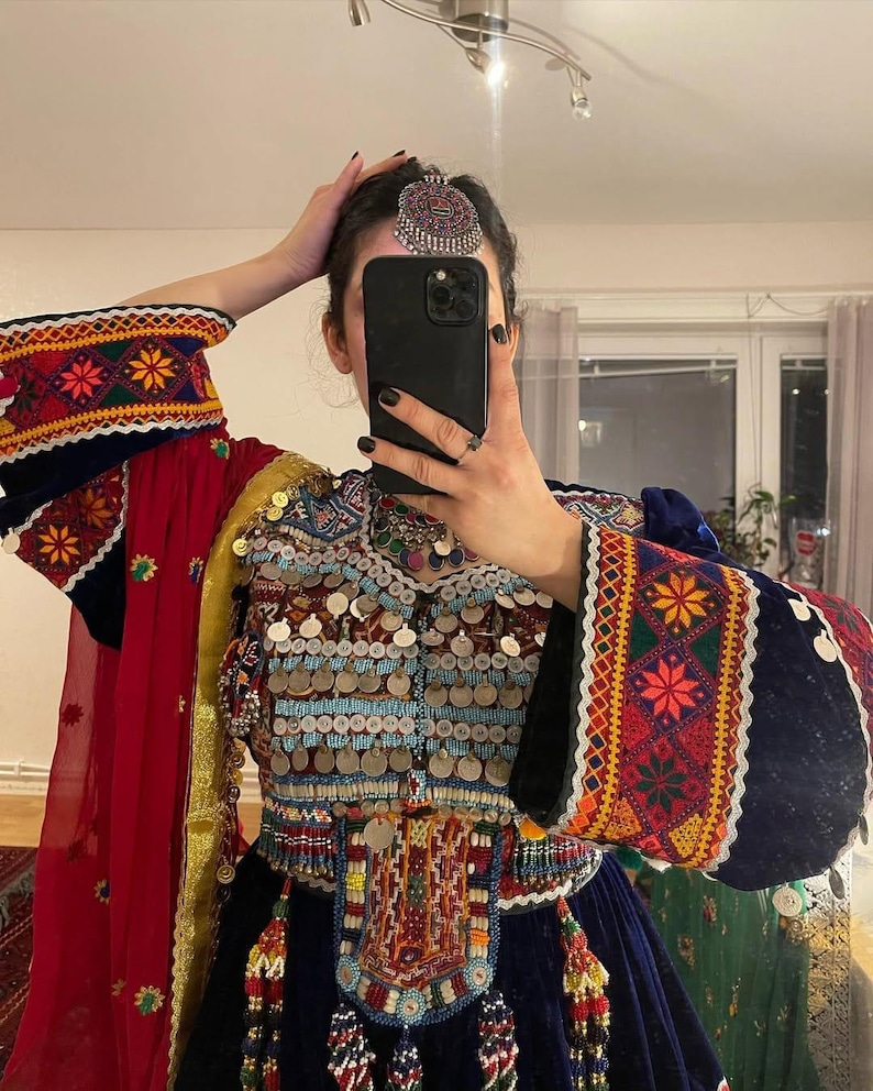 Bohemian Afghan Kuchi Dress | Handmade Velvet Tribal Outfit With Coins ...