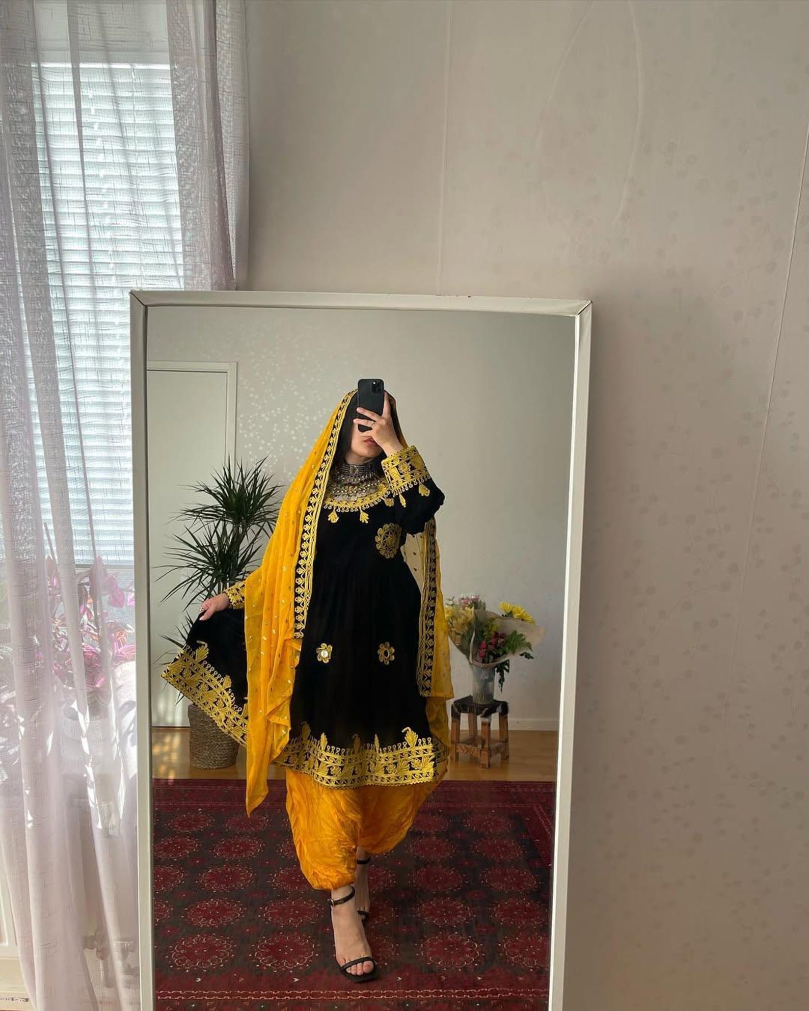 Afghani Black & Mustard Traditional Dress | Handmade Embroidered ...