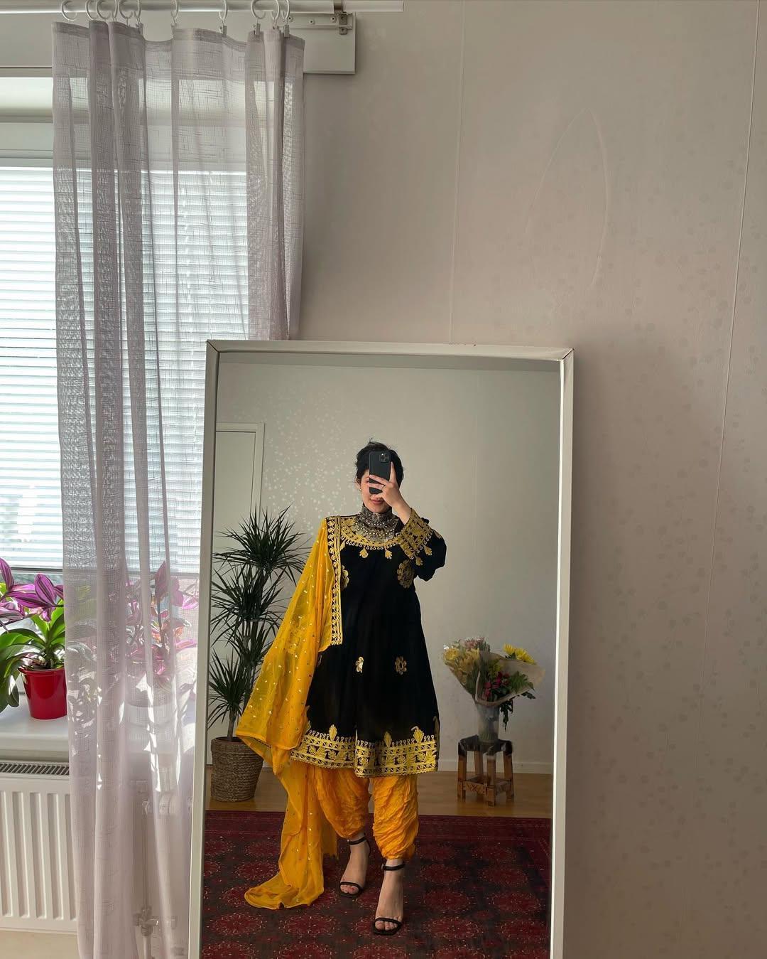 Afghani Black & Mustard Traditional Dress | Handmade Embroidered ...
