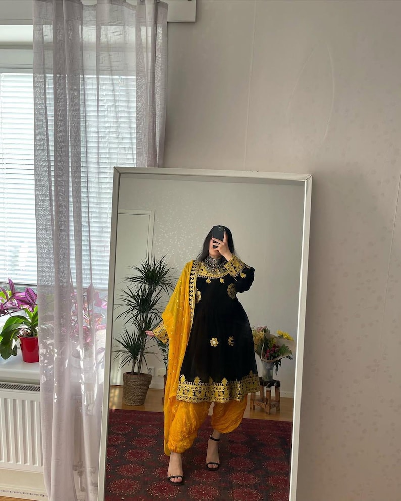 Afghani Black & Mustard Traditional Dress | Handmade Embroidered ...