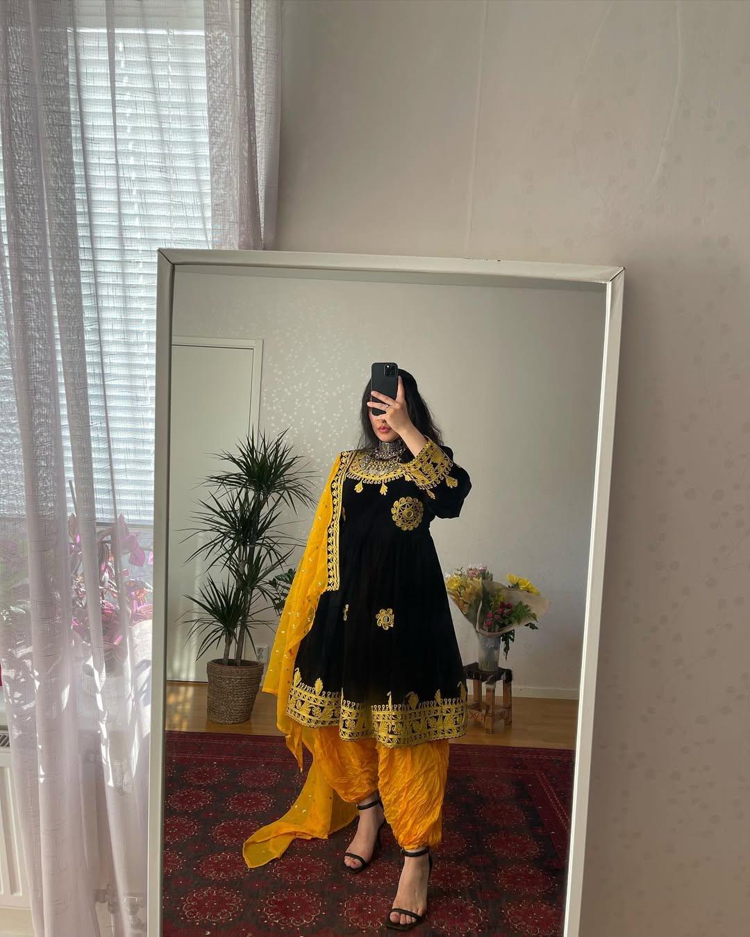 Afghani Black & Mustard Traditional Dress | Handmade Embroidered ...