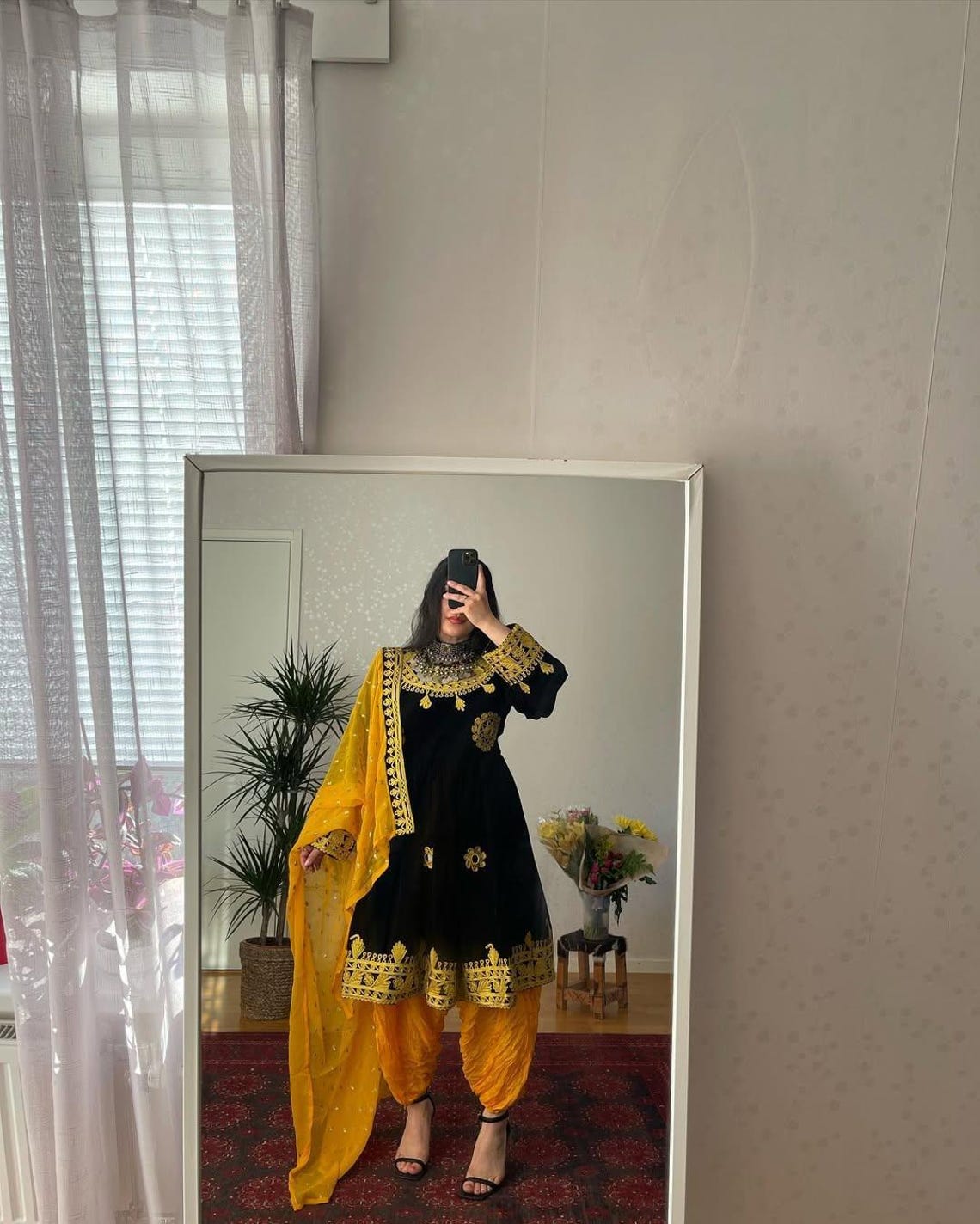 Afghani Black & Mustard Traditional Dress | Handmade Embroidered ...