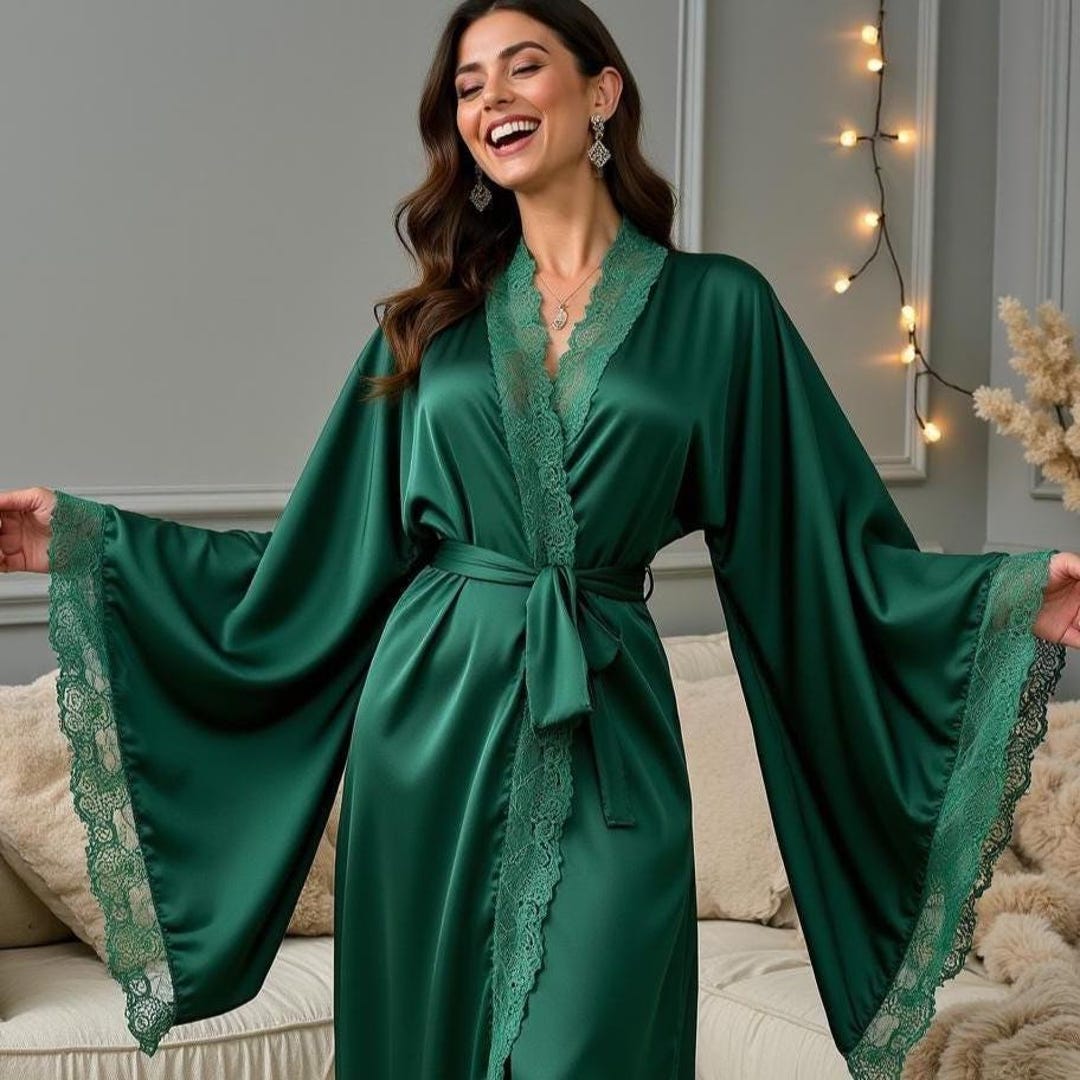 Long Satin Kimono Robe - Silk Sleepwear, Lace Nightgown - Wedding Gift ...