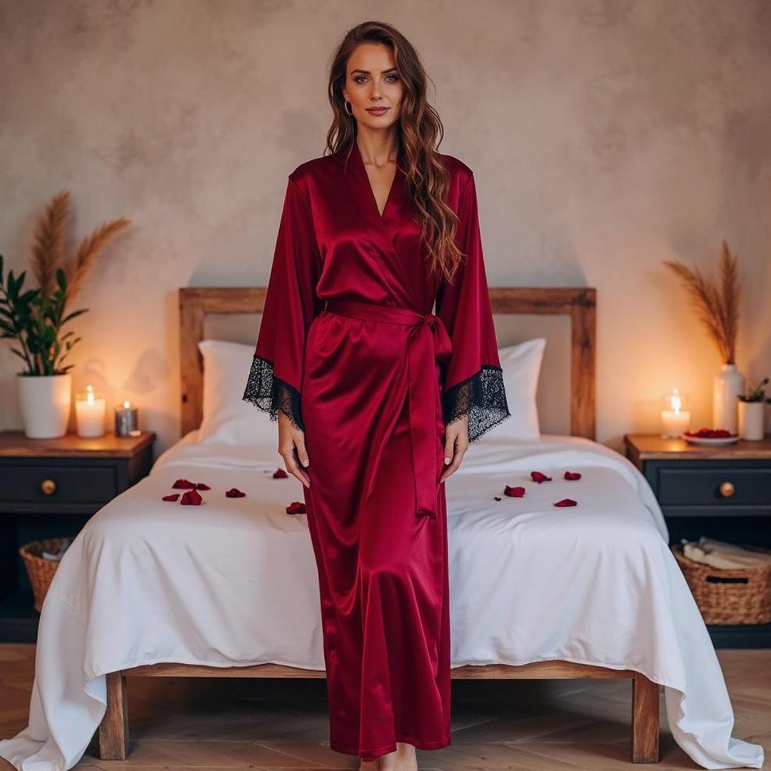 Elegant Satin Lace Robe for Women - Silk Robe, Kimono Nightwear ...