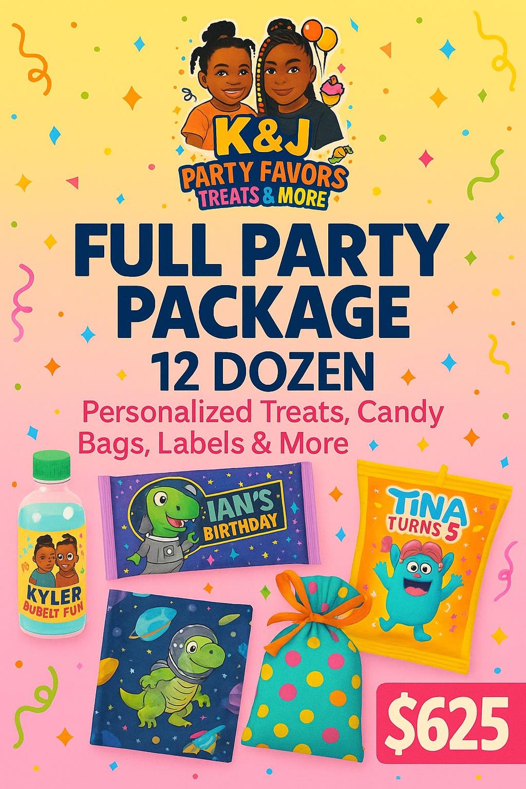 Full Party Package (12 Dozen) | 144 Custom Favors | Candy Bags, Drinks ...