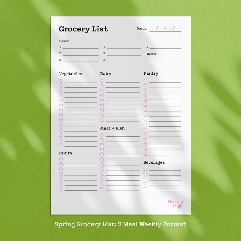 Printable Grocery List - Weekly Meal Plan - Spring Cherry Blossom ...