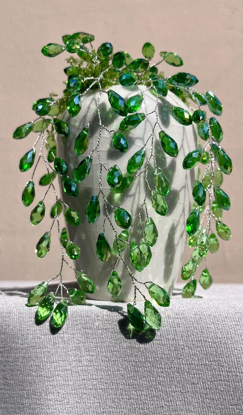Crystal Leaf Vine Sculpture in White Ceramic Pot: Handmade Botanical ...