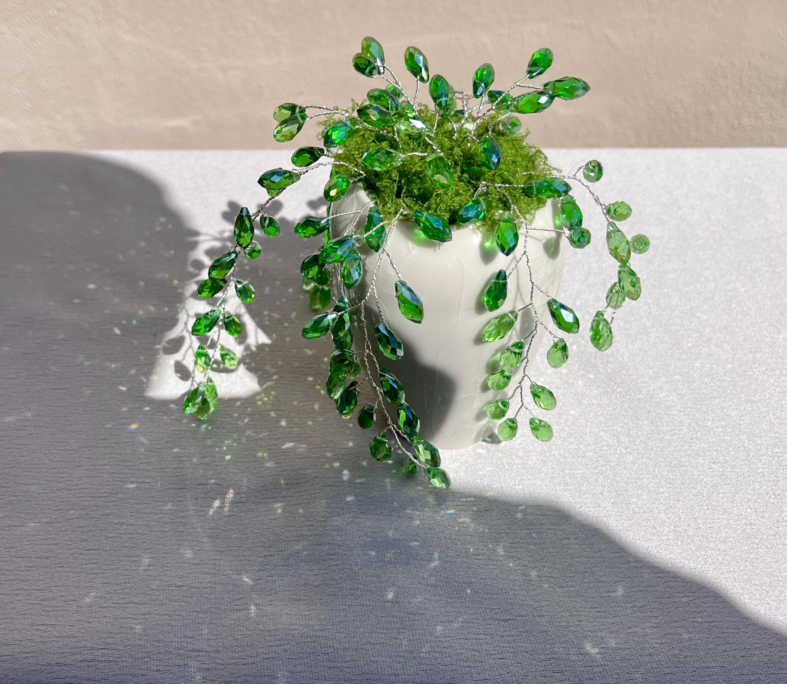 Crystal Leaf Vine Sculpture in White Ceramic Pot: Handmade Botanical ...