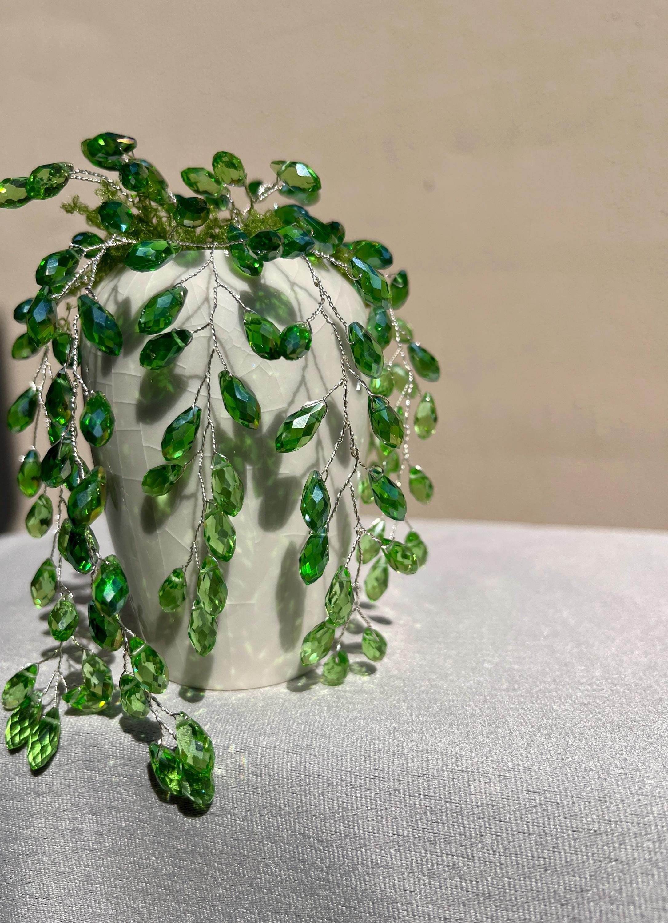 Crystal Leaf Vine Sculpture in White Ceramic Pot: Handmade Botanical ...