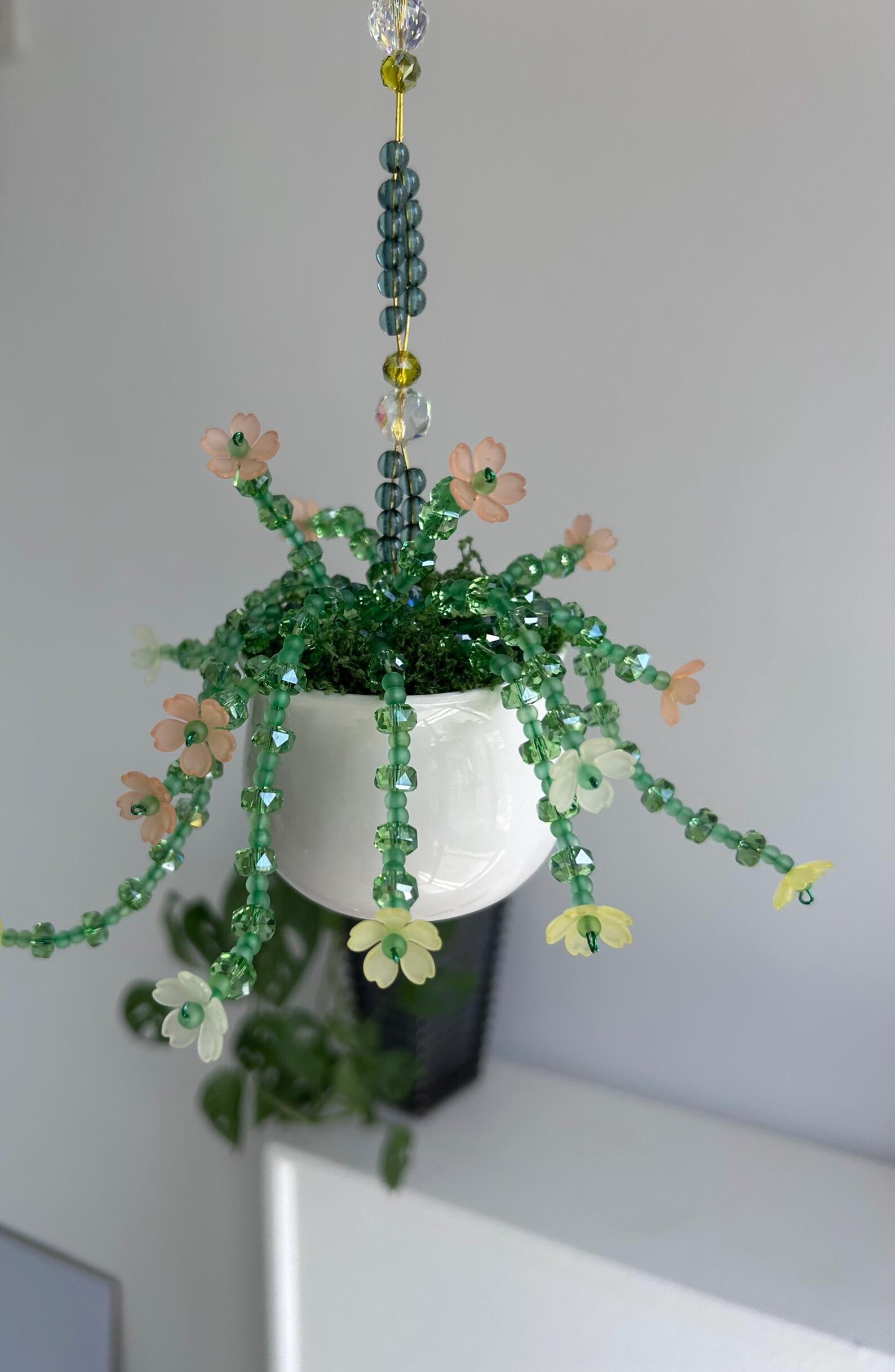 Hanging Beaded Planter: Glass Flower Sun Catcher, Ceramic Pot (50 Cm/19 ...