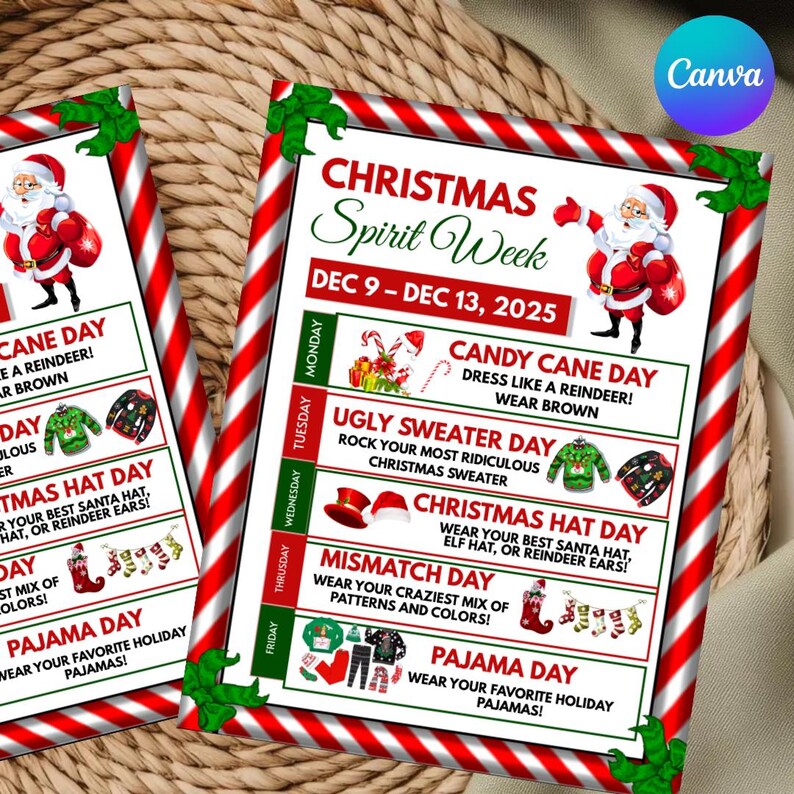 Christmas Spirit Week Flyer Template | Editable Canva Holiday Schedule ...