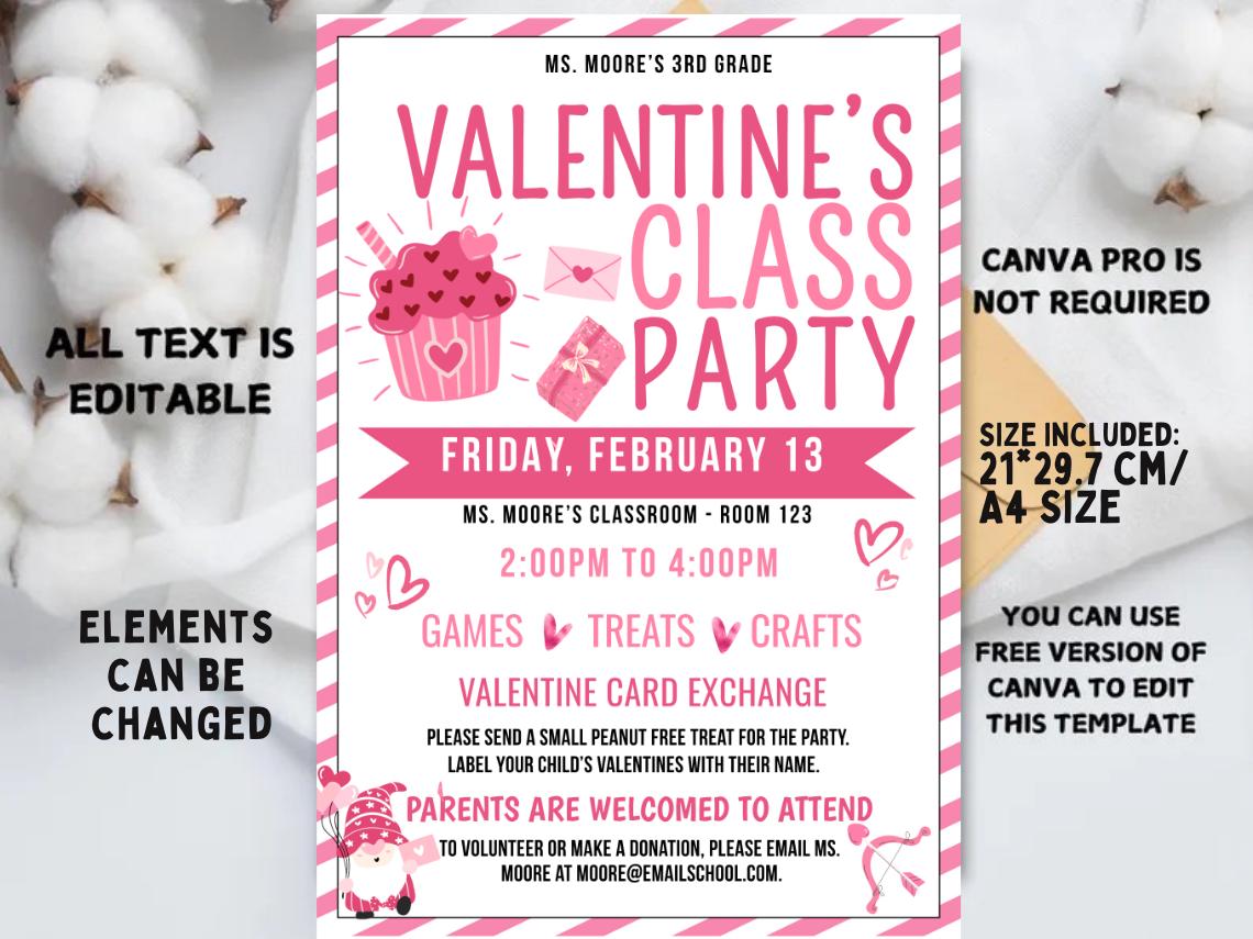 Valentine's Class Party Invitation Template | Editable School Flyer ...