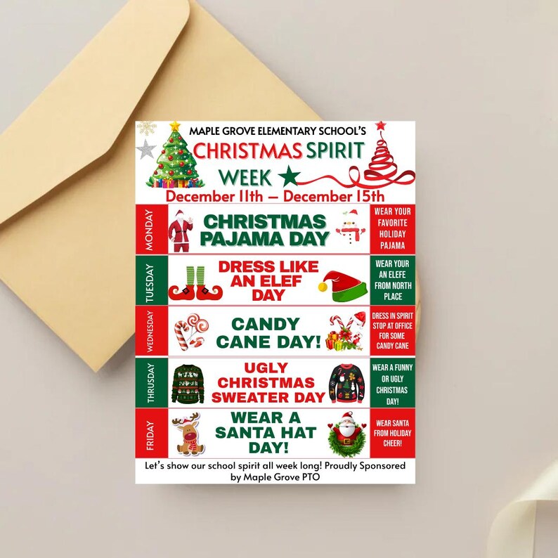 Christmas Spirit Week Flyer Template | Editable Canva Holiday Schedule ...