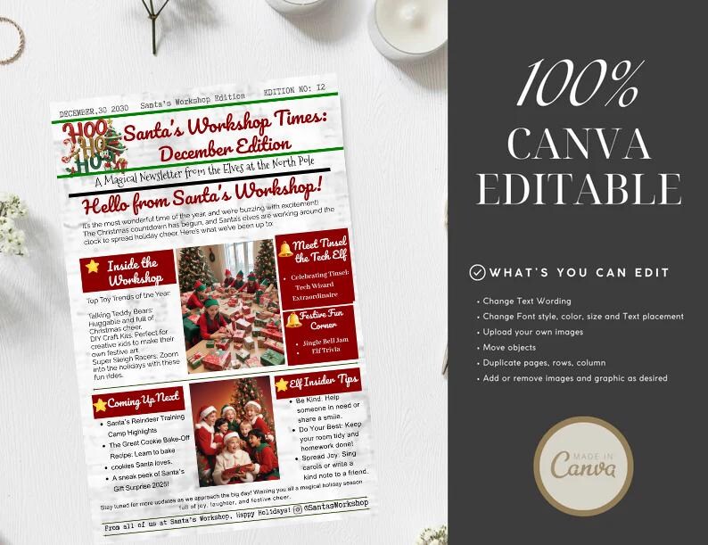 Editable Santa's Workshop Newspaper – Christmas Newsletter (canva ...