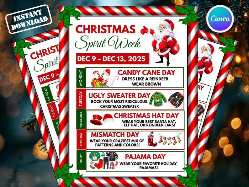 Christmas Spirit Week Flyer Template | Editable Canva Holiday Schedule ...