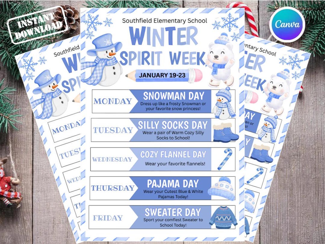 Editable Winter Spirit Week Flyer Template – School Dress-up Schedule ...