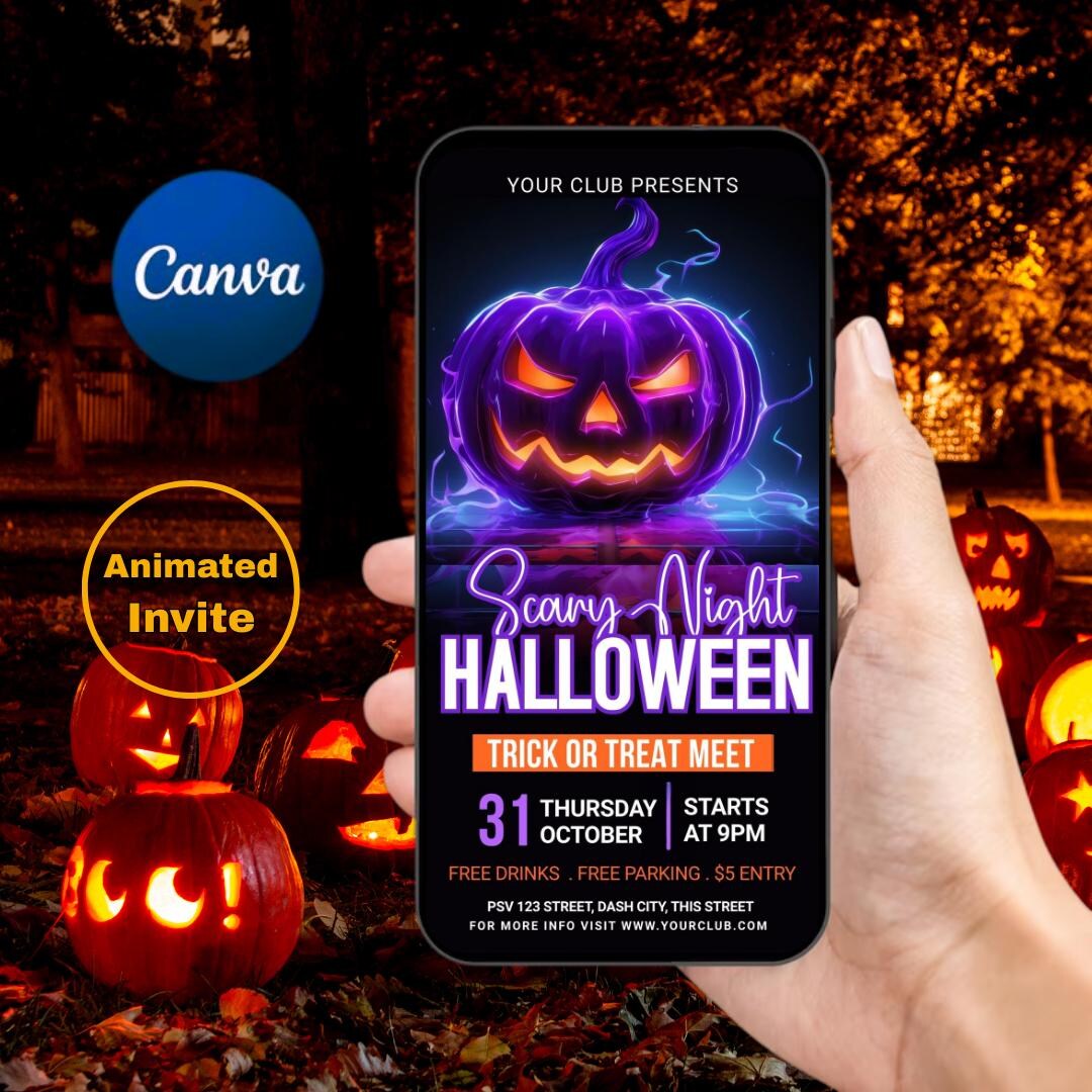 Digital Halloween Party Invitation, Spooky Pumpkin Party Video Invite ...