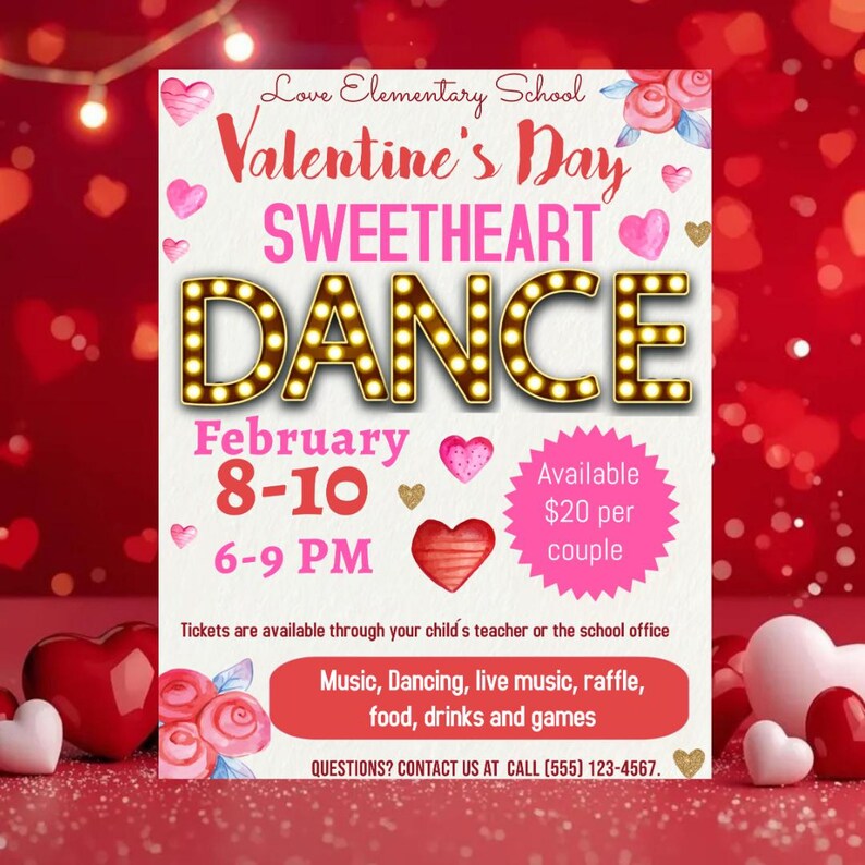 Valentine's Day Dance Flyer | School Event Canva Template (digital ...