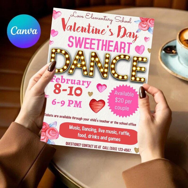Valentine's Day Dance Flyer | School Event Canva Template (digital ...