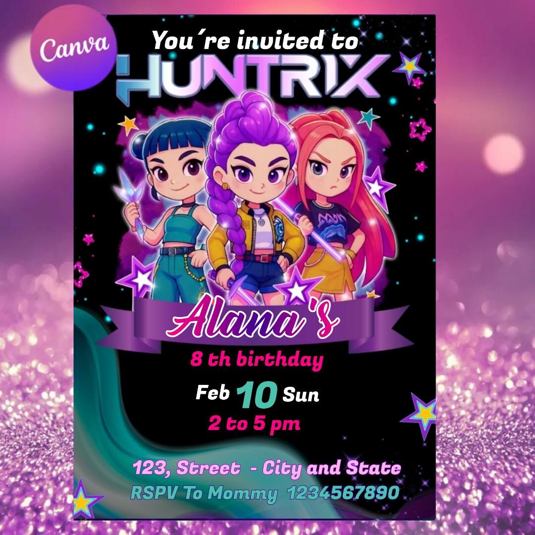 Huntrix Birthday Invitation | Kpop Demon Hunters Theme (canva Template ...