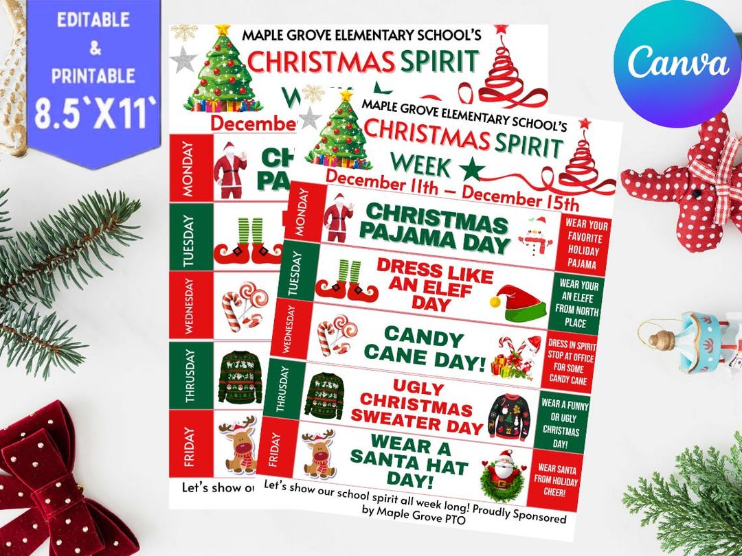 Christmas Spirit Week Flyer Template | Editable Canva Holiday Schedule ...