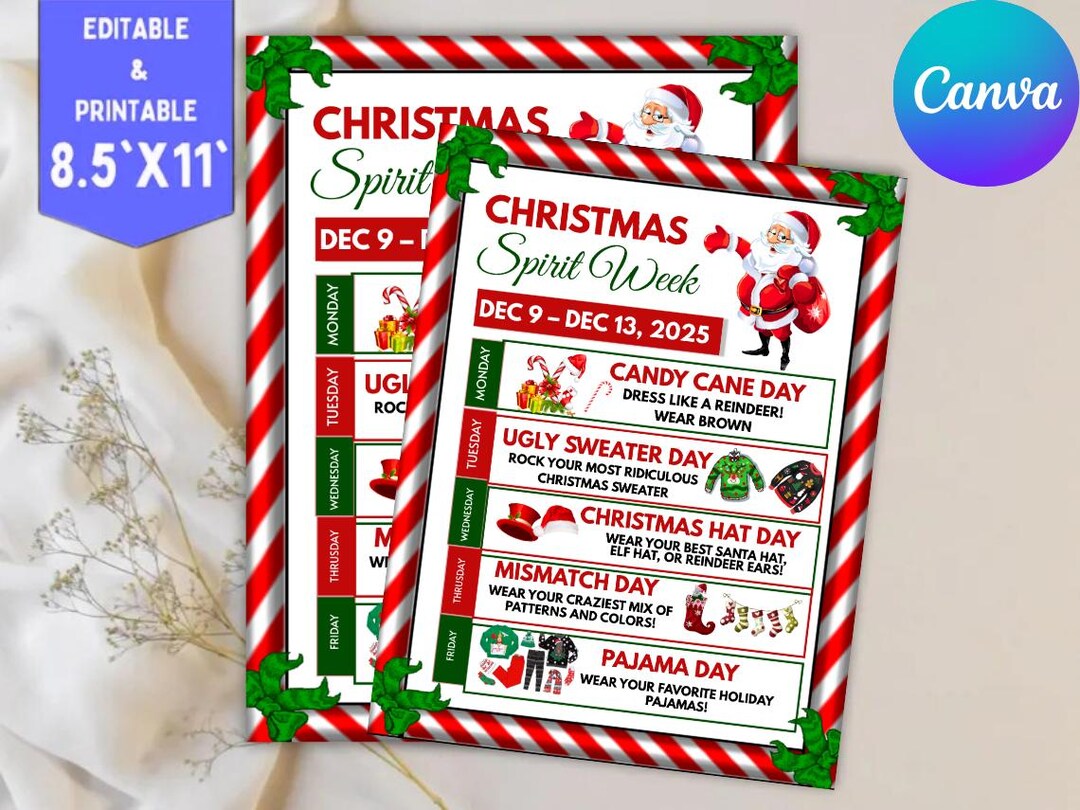 Christmas Spirit Week Flyer Template | Editable Canva Holiday Schedule ...