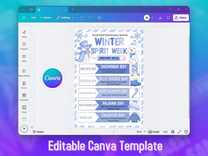 Editable Winter Spirit Week Flyer Template – School Dress-up Schedule ...